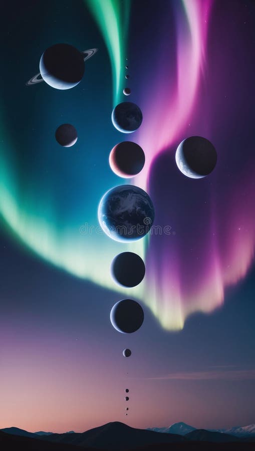 Cosmic Scene of Planets in Alignment with Vibrant Auroras Lighting Up ...