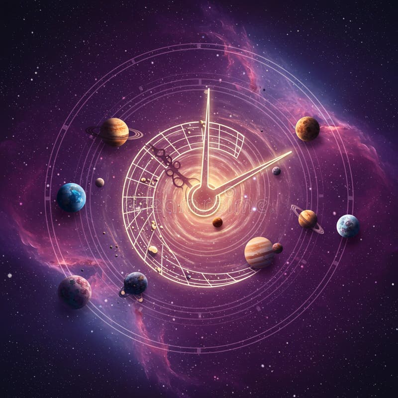 Cosmic Scene with Planets Orbiting an Abstract Clock Face Set Against a ...