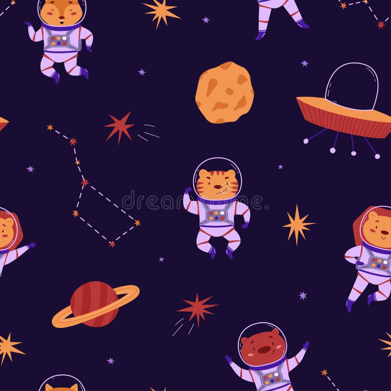 Cosmic Seamless Pattern with Cute Animals Astronauts, Alien Ships and ...