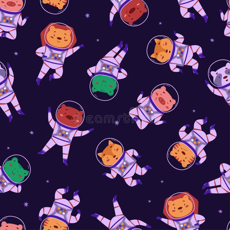 Cosmic Seamless Pattern with Cute Animals Astronauts. Wild Animals in ...