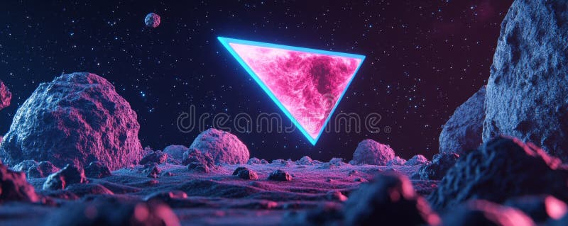 In a Cosmic Setting, a Neon Triangle Frame is Adorned with Pyramids ...