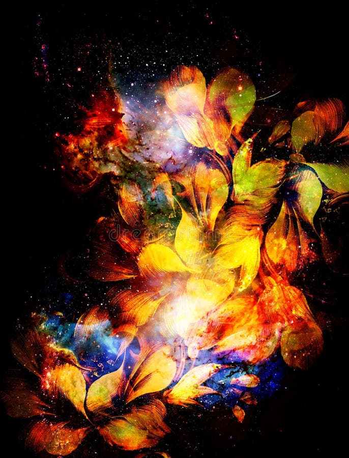 Cosmic Space with Flower, Color Galaxy Background, Computer Collage ...