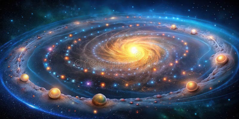 A Cosmic Spiral Galaxy with Planetary System Orbiting. Generative AI ...