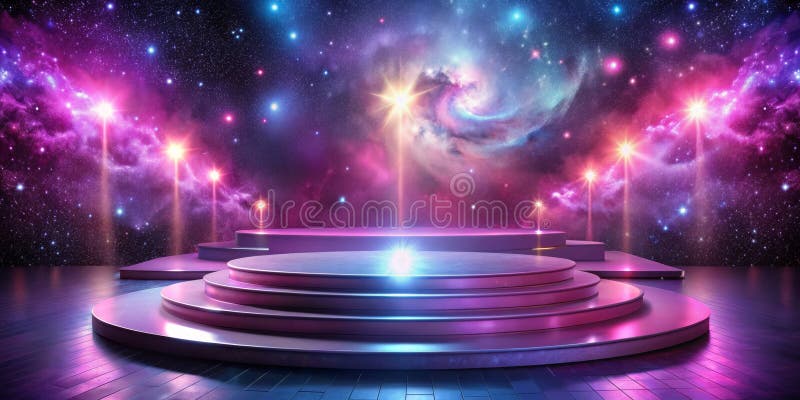 Cosmic Stage a 3D Rendered Composition of a Circular Platform with Four ...