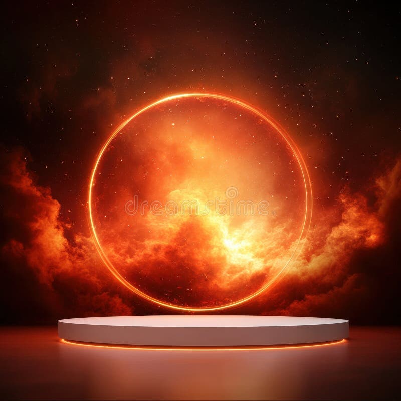 Cosmic Stage Podium with Fiery Nebula Background and Glowing Ring Stock ...