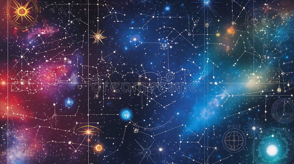 Cosmic Star Map with Constellations and Colorful Galactic Background in ...