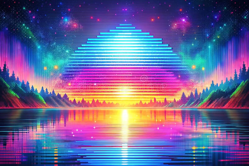 Cosmic Sunrise Over a Reflective Lake, Digital Art Stock Illustration ...