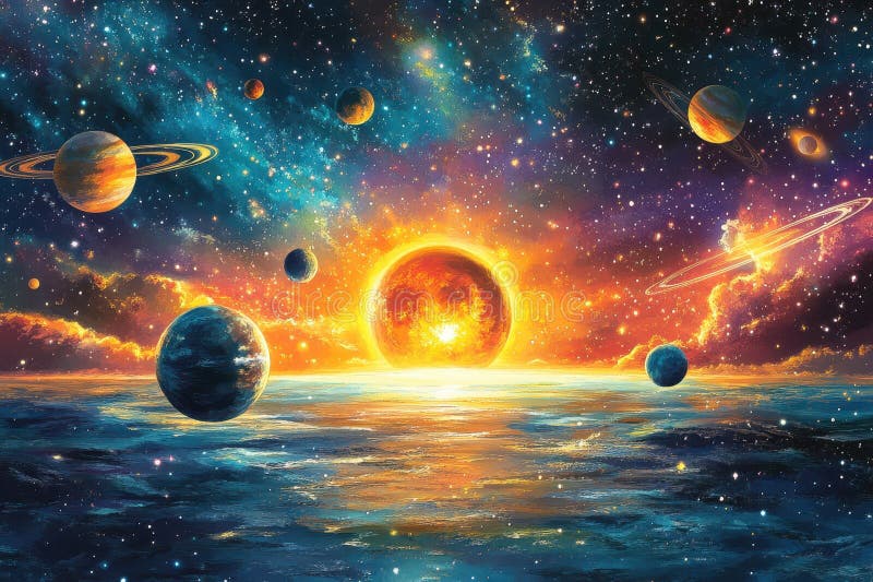 Cosmic Sunrise Planets Stars Nebula Space Art Stock Illustration ...