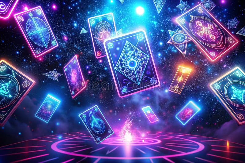 Cosmic Tarot Cards Flying in Neon Space Stock Illustration ...