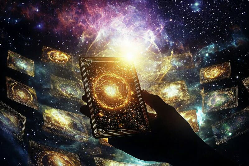 Cosmic Tarot Reading Session with Floating Cards and Galaxy Background ...