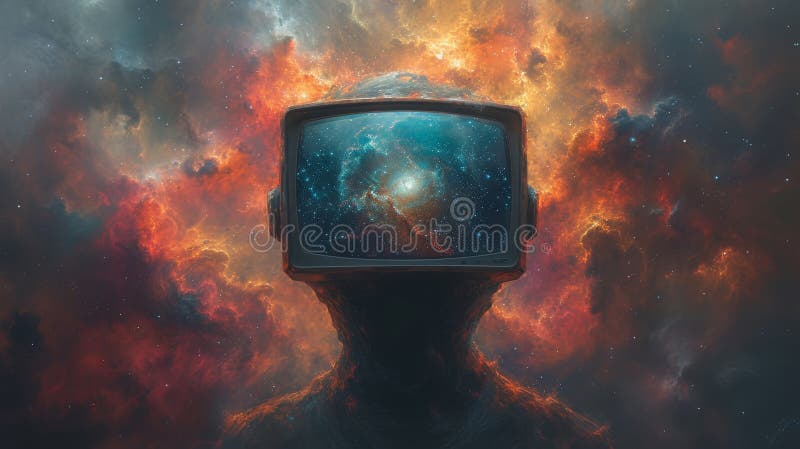 Cosmic Television Head in Space Nebula Stock Image - Image of creative ...