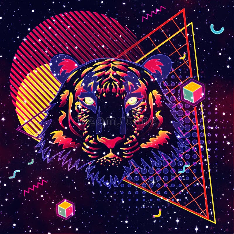 Cosmic Tiger Retro 80s Style Stock Illustration - Illustration of head ...