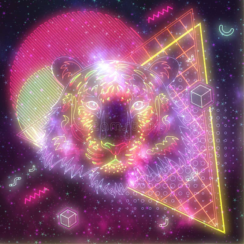 Cosmic Tiger Retro 80s Style Stock Illustration - Illustration of stars ...
