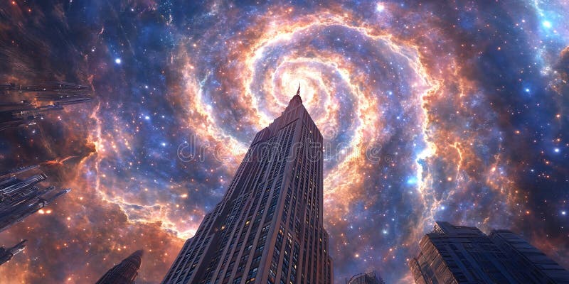 Cosmic Tower Fantasy Nebula Starry Night Sky Artwork Stock Illustration ...