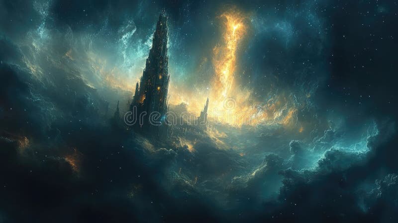 Cosmic Tower in Nebula, Floating City, Starry Sky, Artistic Image Stock ...