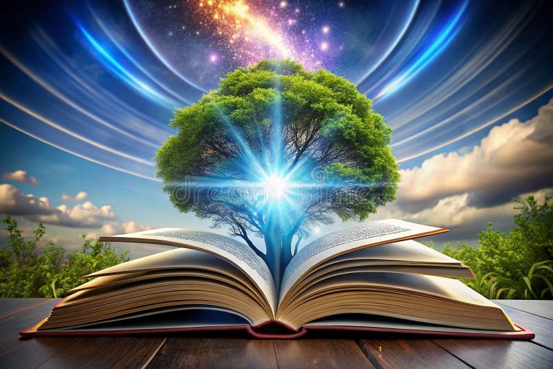 Cosmic Tree Emerges from Opened Book, Celestial Landscape Background ...