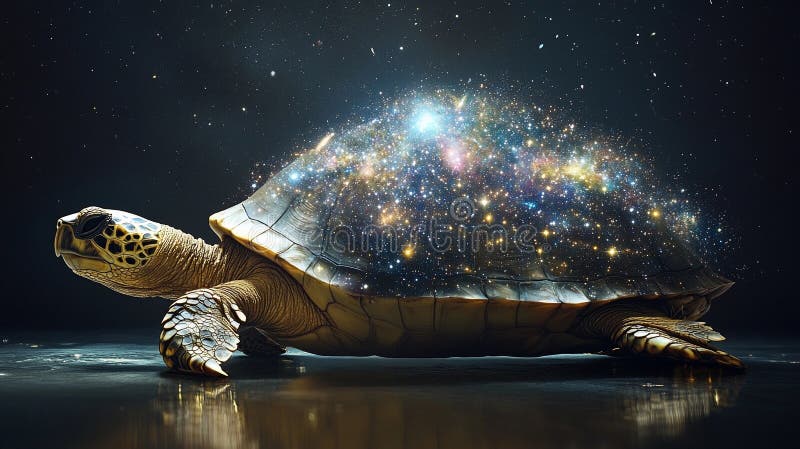 Cosmic Turtle Glides through a Starry Universe in a Surreal Digital Artwork in a Dark Setting ...