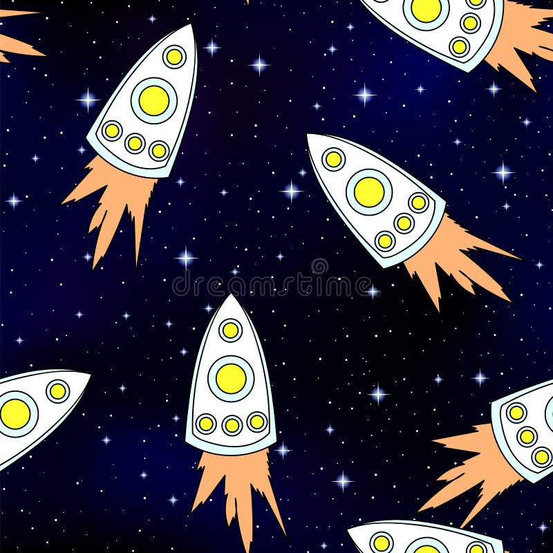 Cosmic Vector Seamless Background with Handwritten Rockets and ...