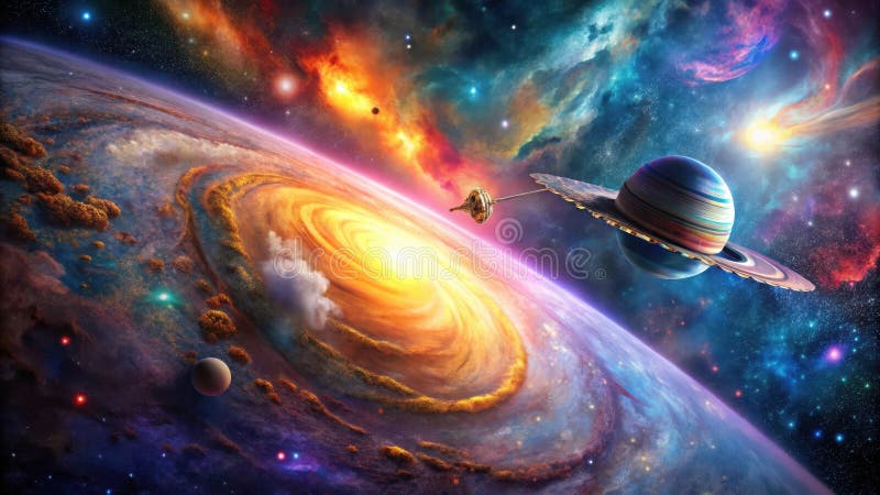 A Cosmic Vessel Explores a Vibrant Spiral Galaxy with a Ringed Planet. Generative AI Stock ...