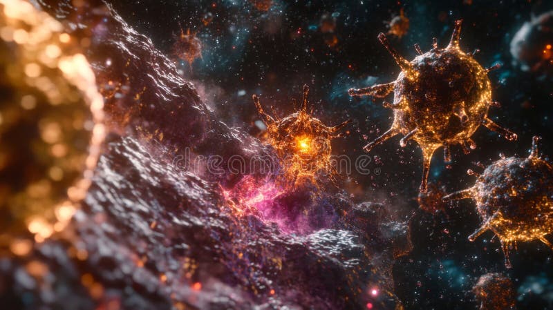 Cosmic Virus Cells Glowing in Dark Space Stock Illustration ...