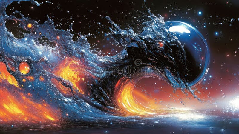 A Cosmic Wave of Vibrant Colors and Celestial Elements, Blending Water ...