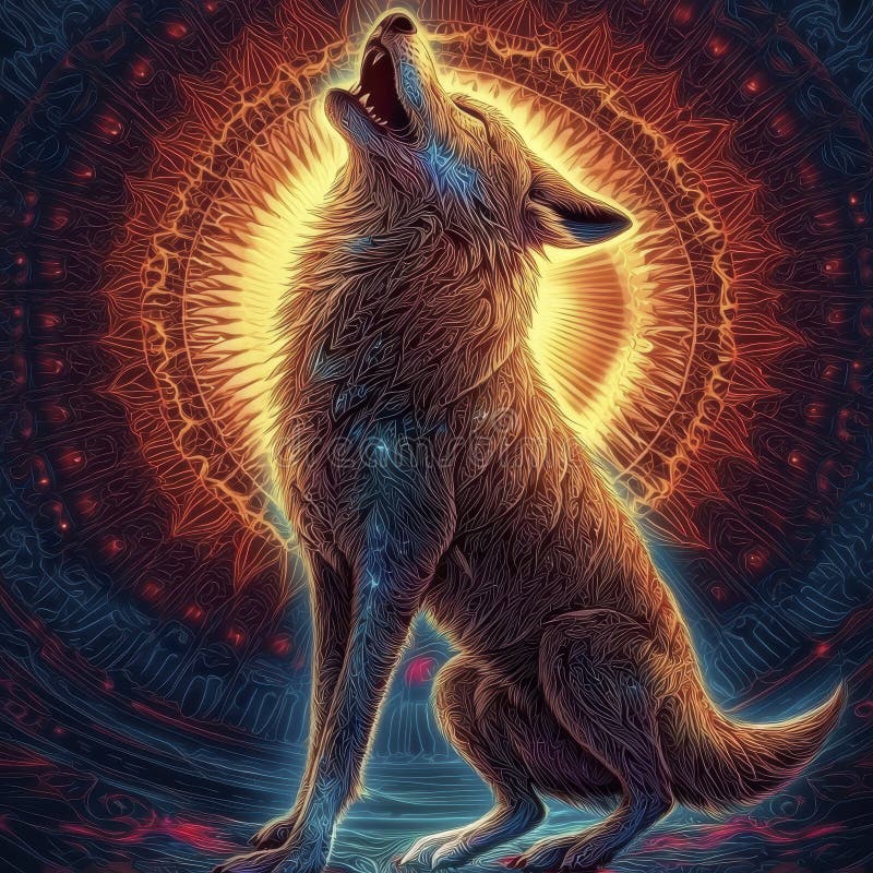 Cosmic Wolf Howling at a Radiant Sun Stock Illustration - Illustration ...