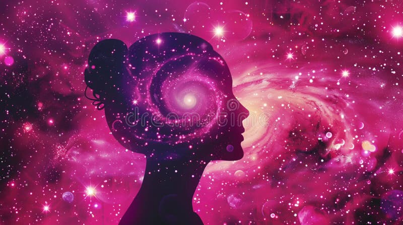 Cosmic Woman Silhouette with a Galaxy Inside Her Head in a Pink Nebula ...