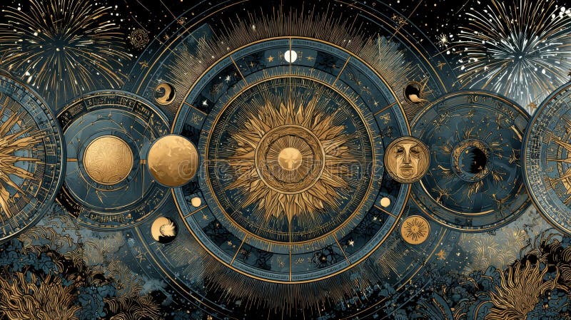 Cosmic Zodiac Mandala with Celestial Symbols and Lunar Phases Stock ...