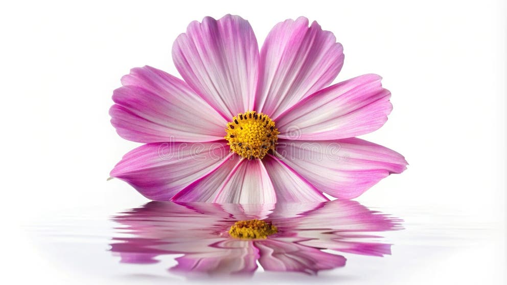 Delicate Elegance: Isolated Cosmo Flower Petal with Reflection on White ...