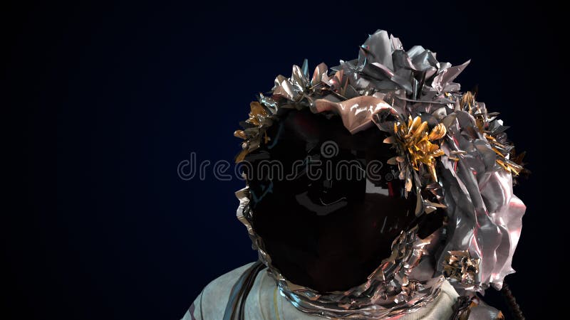 Cosmonaut with Distortion Helmet in a Metal Protective Spacesuit ...