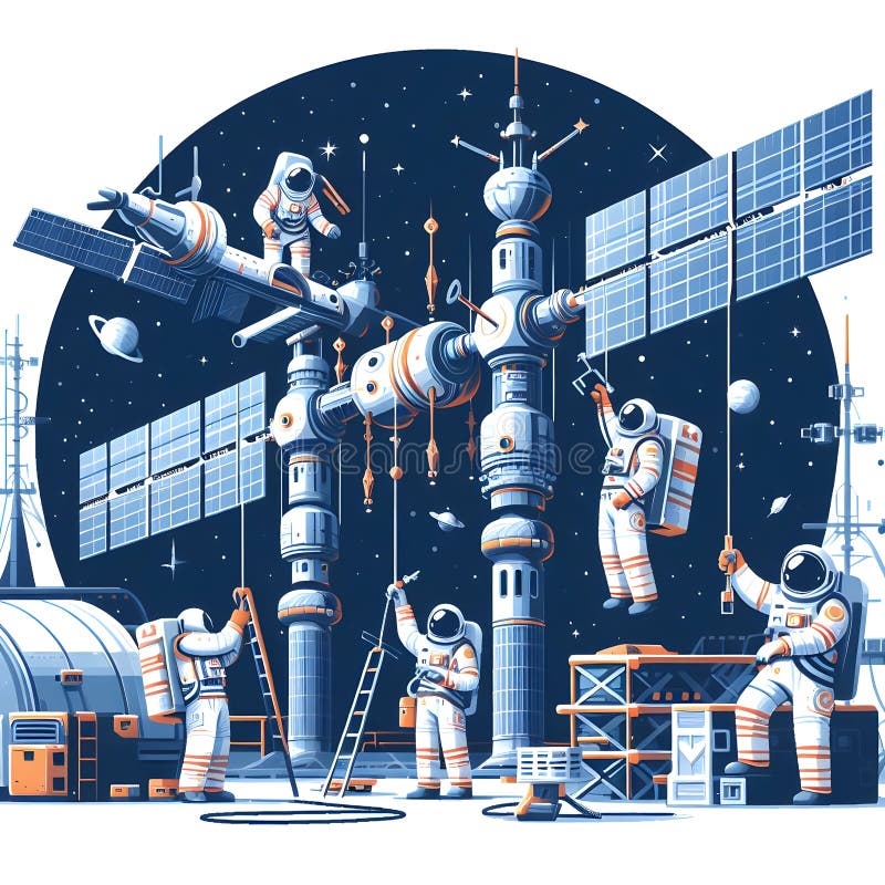 Cosmonaut Engineer Fixing Problem Satellite Illustration Stock ...