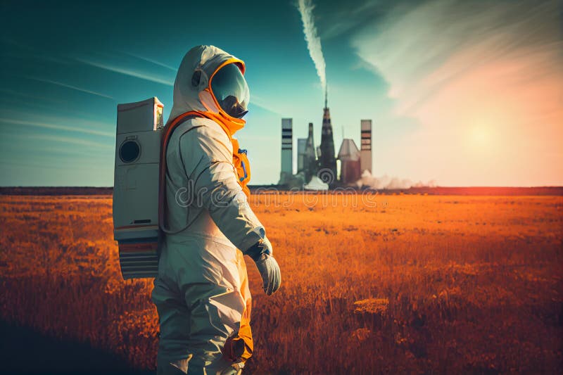 Cosmonaut in a Spacesuit on the Background of a Rocket at the ...