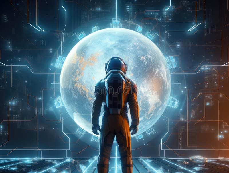 Cosmonaut in virtual space stock illustration. Illustration of distant ...