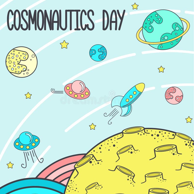 Cosmonautics Day Poster, Square Vector Illustration. Close-up of the ...