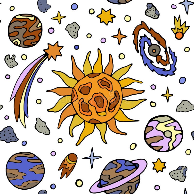 Cosmos Doodle Seamless Vector Pattern on White Stock Vector ...