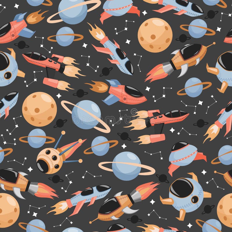 Cosmos Exploring Vector Seamless Pattern. Spaceships, Constellations ...