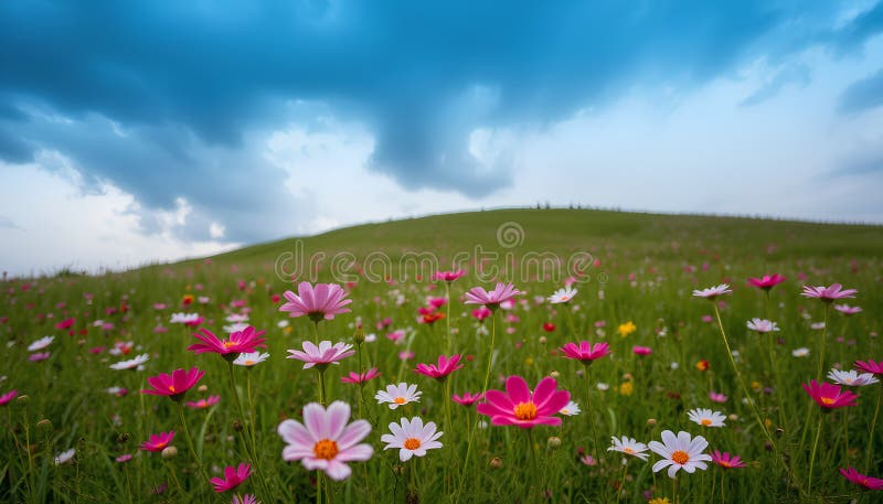 Cosmos Flower Hill Field Under Dark Cloudy Sky Stock Illustration ...