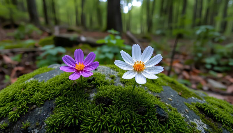 Cosmos Flower on a Rock Covered in Moss, in the Middle of the Forest ...