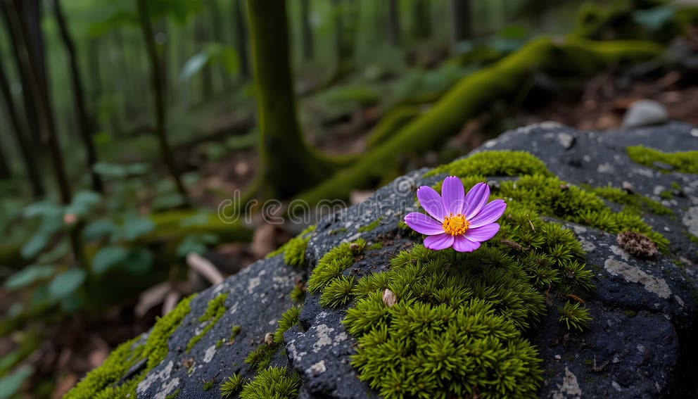 Cosmos Flower on a Rock Covered in Moss, in the Middle of the Forest 2 ...