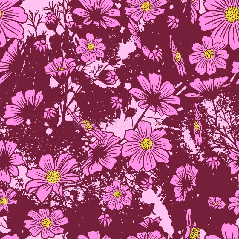 Cosmos Flower Seamless Pattern on a Dark Background. Vector ...