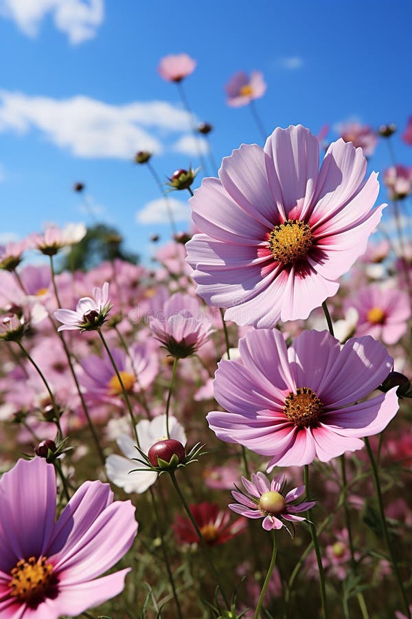 Cosmos Flowers Field with Bright Sky. Generative AI Stock Illustration ...