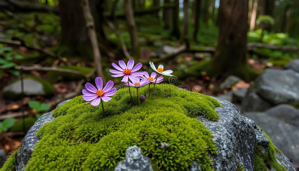 Cosmos Flowers on a Rock Covered in Moss, in the Middle of the Forest ...