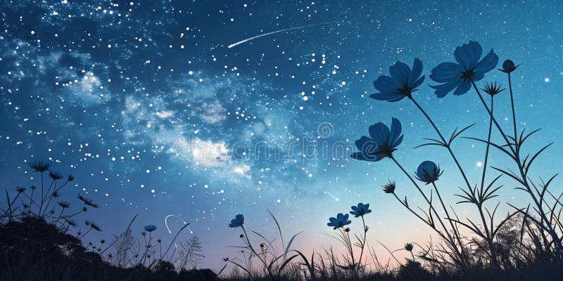 Cosmos Flowers Under Starry Night Sky, Fantasy , Nightscape Stock ...