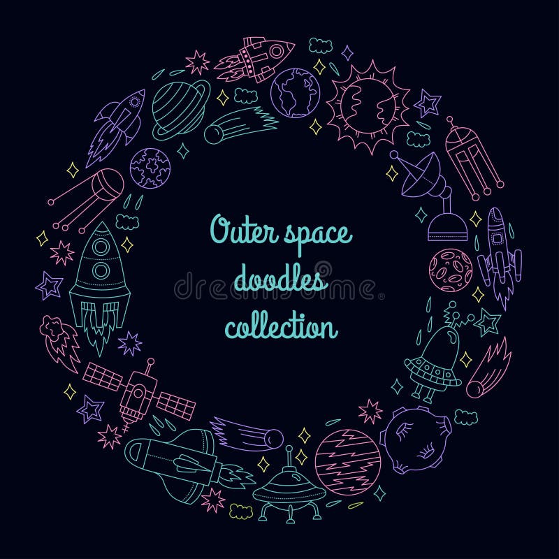 Outer Space Cosmo Doodle Icons Vector Round Frame Stock Vector ...