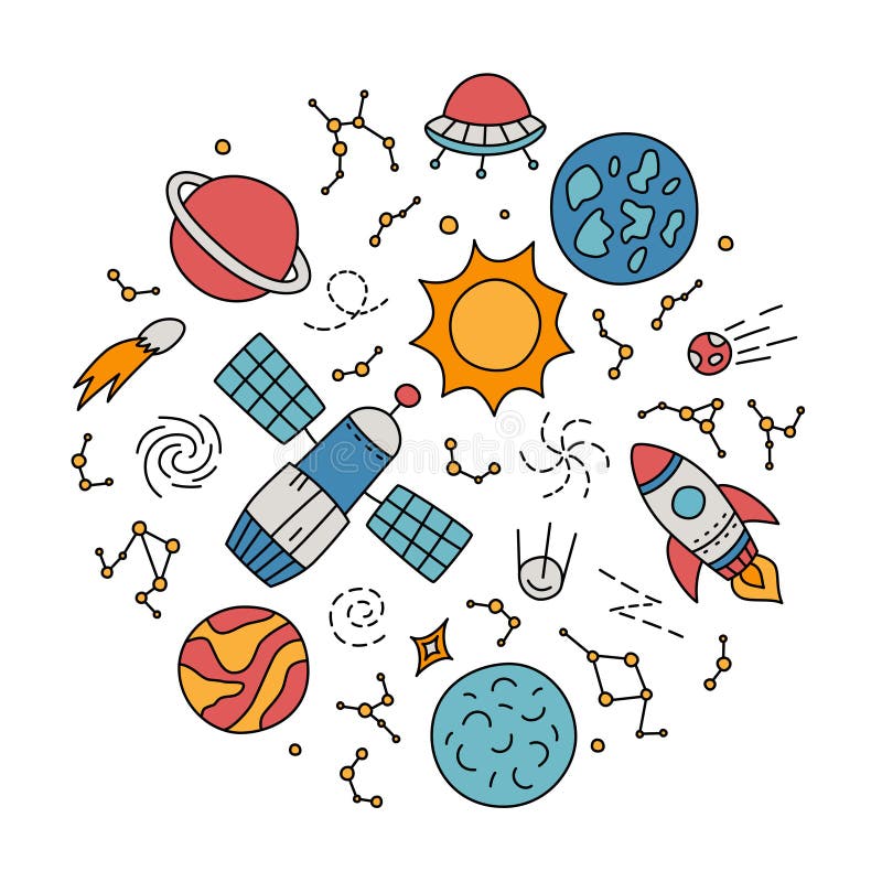 Cosmos. Set of Elements in Doodle and Cartoon Style Stock Vector ...