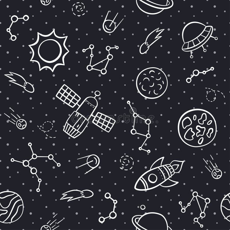 Cosmos. Seamless Pattern in Doodle and Cartoon Style. Stock Vector ...