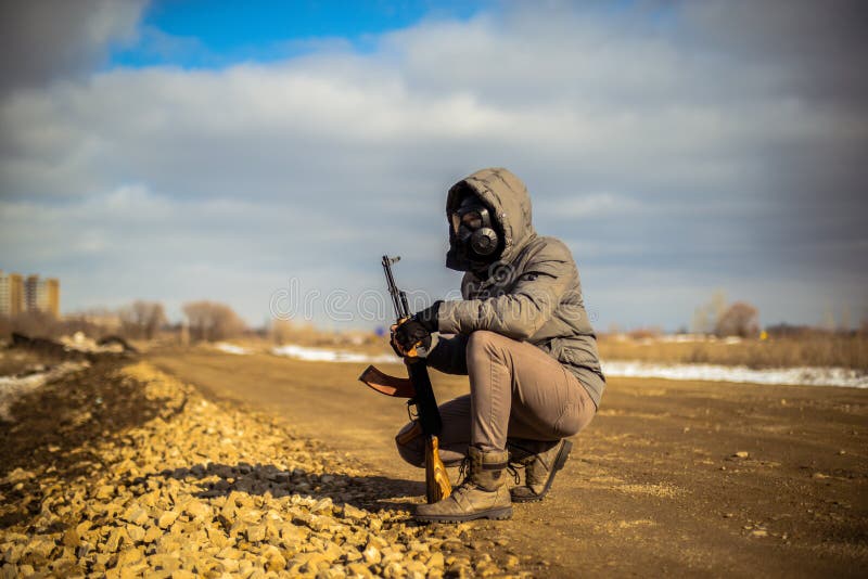 Cosplay on Stalker, a Masked Man Stands with a Machine Gun Stock Image ...