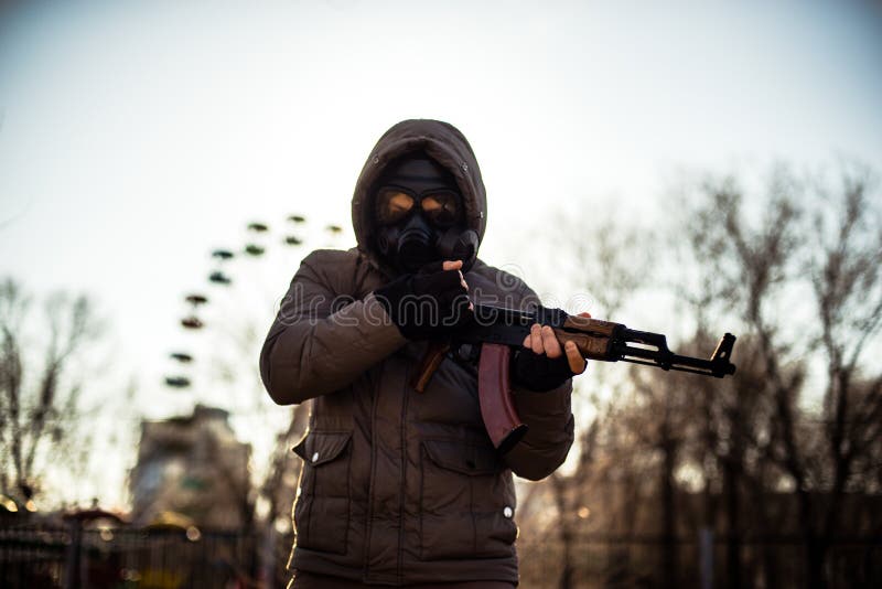 Cosplay on Stalker, a Masked Man Stands with a Machine Gun Stock Image ...