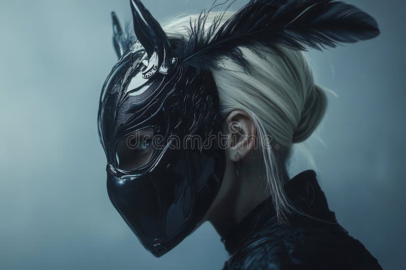 Cosplayer Wearing Fantasy Style Mask with Feathers and Horns Stock ...