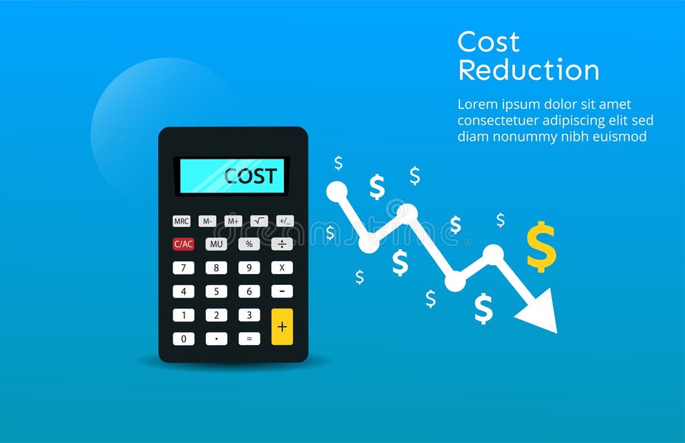 Cost Reduction Concept. Calculator and Arrow Line Decrease. Dollar Money Fall Down Symbol ...